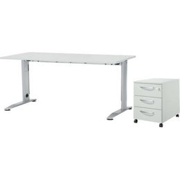 Schreibtisch, manuell h&ouml;henverstellbar, C-Fu&szlig;, B 1600 x T 800 x H 660-820 mm, lichtgrau/wei&szlig;aluminium + Sch&auml;fer Shop Pure Rollcontainer 333