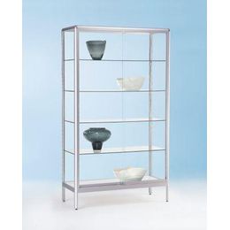 Standvitrine BST, Brandschutzklasse B1, 5 F&auml;cher, abschlie&szlig;bare Schiebet&uuml;ren, B 1200 x T 500 x H 1950 mm, Aluminium/Glas, silber