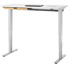 Schreibtisch mit Bambus-Zubeh&ouml;rschublade & Kabelkanal aus Recyclingfilz, elektrisch h&ouml;henverstellbar, B 1300 x T 650 x H 605&ndash;1265 mm, wei&szlig;/silber