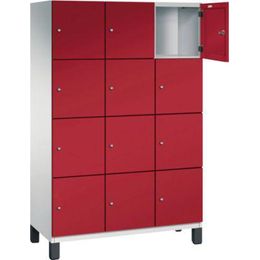 C+P Schlie&szlig;fachschrank Cambio, 3 Abteile, 12 F&auml;cher, auf F&uuml;&szlig;en, B 1200 x T 525 x H 1980 mm, lichtgrau/rubinrot