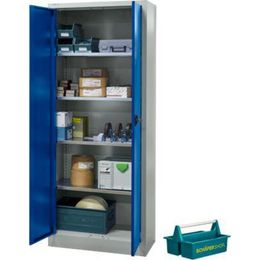 Sch&auml;fer Shop Sch&auml;fer Shop Pure Materialschrank, abschlie&szlig;bar, 4 B&ouml;den, B 800 x T 400 x H 1935 mm, Stahl, lichtgrau/enzianblau + gratis Tragekasten Carry