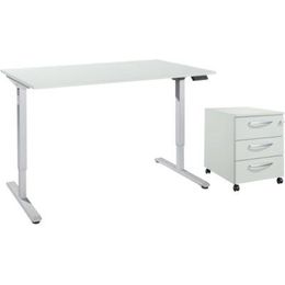 Schreibtisch, elektrisch h&ouml;henverstellbar, T-Fu&szlig;, Memorymaster, Kabelkanal, B 1600 x T 800 x H 755-1255 mm, lichtgrau/wei&szlig;aluminium + Rollcontainer 333