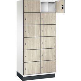 C+P Schlie&szlig;fachschrank Cambio, 2 Abteile, 12 F&auml;cher, mit Sockel, B 800 x T 525 x H 1980 mm, verkehrswei&szlig;/Sen Esche‑Dekor