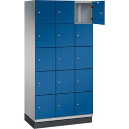C+P Schlie&szlig;fachschrank Cambio, 3 Abteile, 15 F&auml;cher, mit Sockel, B 900 x T 525 x H 1980 mm, wei&szlig;aluminium/enzianblau