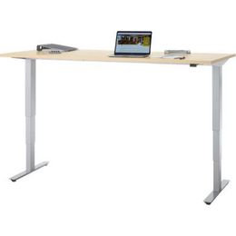Schreibtisch, elektrisch h&ouml;henverstellbar, T-Fu&szlig; ohne Traverse, B 1800 x T 800 x H 605&ndash;1265 mm, Ahorn/silber