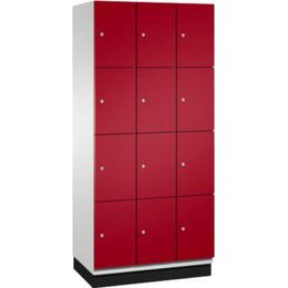 C+P Schlie&szlig;fachschrank Cambio, 3 Abteile, 12 F&auml;cher, mit Sockel, B 900 x T 525 x H 1980 mm, lichtgrau/rubinrot