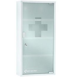Erste-Hilfe-Schrank FIRST AID ONLY, ohne Inhalt, 4 F&auml;cher, abschlie&szlig;bare Milchglast&uuml;r, Wandmontage, B 300 x T 660 x H 120 mm, Metall und Glas, wei&szlig;