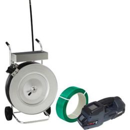 Umreifungsset, 3-teilig, Abrollwagen, Akku Umreifungsger&auml;t Banholzer und Wenz BXT4-19, PET Polyesterband mit L 1200 m x B 18,5 mm, St&auml;rke 0,85 mm