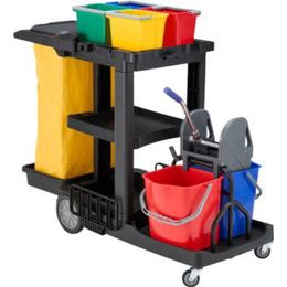 Sch&auml;fer Shop Sch&auml;fer Shop Select Reinigungswagen, 3 Etagen, 6 farbsortierte Eimer, M&uuml;llsack, herausnehmbare Mopp-Presse, Schiebeb&uuml;gel, B 1360 x T 570 x H 990 mm