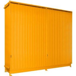 Regalcontainer Bauer Typ CEN 59-3 IBC, 3 Fachebenen, Schiebetor, 2000 l, B 6540 x T 1600 x H 5015 mm, gelborange RAL 2000