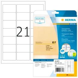 Folienetiketten Herma 8670, permanenthaftend, selbstklebend, bedruckbar, No-Label-Effekt, B 63,5 x H 38,1 mm, transparent, 525 St&uuml;ck/25 Blatt