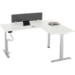 90&deg; Winkeltisch mit Akustik-Tischtrennwand & Kabelf&uuml;hrung, Memorymaster, elektrisch h&ouml;henverstellbar, T-Fu&szlig;, B 2000 x T 1600 mm, wei&szlig;