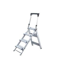 Munk Klapptreppe, Aluminium, stabiler Doppelholm, rutschfeste Kunststoffschuhe, klappbare Halteb&uuml;gel mit Ablageschale, max. 150 kg, Trittfl&auml;che 360 x 205 mm, 4 Stufen