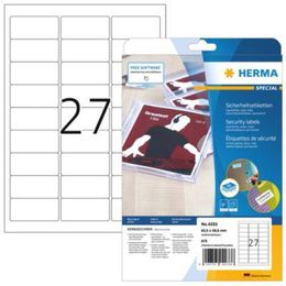 Herma Sicherheitsetiketten 4233, f&auml;lschungssicher, extrem robust, selbstklebend, B 29,6 x 63,5 mm, 675 St&uuml;ck/25 A4-Bogen, Spezialfolie, wei&szlig;