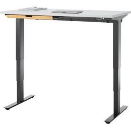 Schreibtisch mit Bambus-Zubeh&ouml;rschublade & Kabelkanal aus Recyclingfilz, elektrisch h&ouml;henverstellbar, B 1300 x T 650 x H 605&ndash;1265 mm, lichtgrau/schwarz