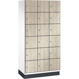C+P Schlie&szlig;fachschrank Cambio, 3 Abteile, 18 F&auml;cher, mit Sockel, B 900 x T 525 x H 1980 mm, verkehrswei&szlig;/Sen Esche‑Dekor