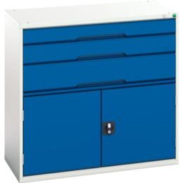 Schubladenschrank Bott verso, 3 Sch&uuml;be und 2 Fl&uuml;gelt&uuml;ren, abschlie&szlig;bar, bis 1000 kg, B 1050 x T 550 x H 1000 mm, Stahlblech, lichtgrau/enzianblau