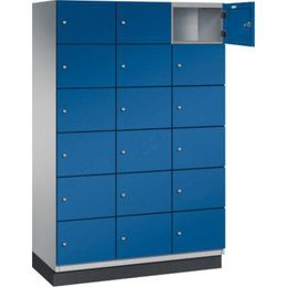 C+P Schlie&szlig;fachschrank Cambio, 3 Abteile, 18 F&auml;cher, mit Sockel, B 1200 x T 525 x H 1980 mm, wei&szlig;aluminium/enzianblau