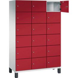 C+P Schlie&szlig;fachschrank Cambio, 3 Abteile, 18 F&auml;cher, auf F&uuml;&szlig;en, B 1200 x T 525 x H 1980 mm, lichtgrau/rubinrot