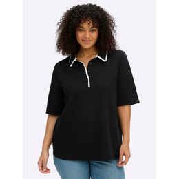 sheego Gro&szlig;e Gr&ouml;&szlig;en Poloshirt mit kontrastfarbener Wellensaumkante, schwarz-ecru, Gr&ouml;&szlig;e 56/58 - Damen