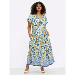 sheego by Joe Browns sheego Gro&szlig;e Gr&ouml;&szlig;en Maxikleid mit breitem Smokbund, wei&szlig;-sonnengelb-gemustert, Gr&ouml;&szlig;e 52 - Damen
