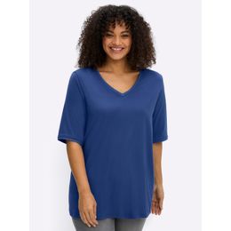 sheego Damen V-Shirt mit Ajourband an Ausschnitt und &Auml;rmeln, royalblau, Gr&ouml;&szlig;e 40/42