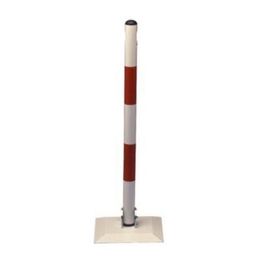 Mottez Klapp-Absperrpfosten rot-wei&szlig;, 900 mm H&ouml;he, &Oslash; 50 mm, Fu&szlig;platte 300x300 mm, Metall, Kettenf&uuml;hrung integriert