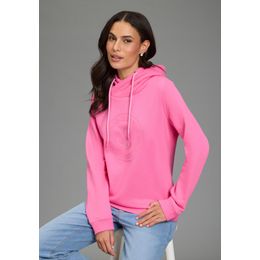 Kapuzensweatshirt DELMAO, Damen, Gr. 44/46, pink, angeraute Sweatware, Obermaterial: 60% Baumwolle, 40% Polyester. B&uuml;ndchen: 95% Baumwolle, 5% Elasthan, unifarben, figurumspielend h&uuml;ftbedeckend, Rippb&uuml;ndchen, Sweatshirts Kapuzensweatshirt, Weiche Baumwollmischung mit Print, Kordel und maritimen Details