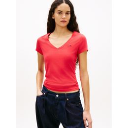 Kurzarmshirt Tommy Jeans "TJW SLIM V-NECK TEE", Damen, Gr. L (40), rot alert, Single Jersey, Obermaterial: 100% Baumwolle, unifarben, slim fit h&uuml;ftlang, V-Ausschnitt, abgesteppt, Shirts Kurzarmshirt, mit Logo-Stickerei