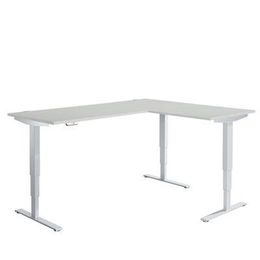Sch&auml;fer Shop Winkelschreibtisch AERO FLEX, elektrisch h&ouml;henverstellbar, 90&deg; Winkel, T-Fu&szlig;, B 2000 x T 1600 mm, lichtgrau/wei&szlig;alu + Memorypanel