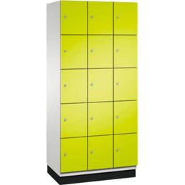 C+P Schlie&szlig;fachschrank Cambio, 3 Abteile, 15 F&auml;cher, mit Sockel, B 900 x T 525 x H 1980 mm, lichtgrau/clowngr&uuml;n