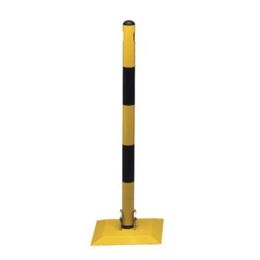 Mottez Klapp-Absperrpfosten gelb-schwarz, 900 mm H&ouml;he, &Oslash; 50 mm, Fu&szlig;platte 300x300 mm, Metall, Kettenf&uuml;hrung integriert