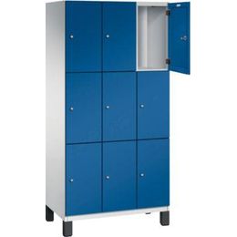 C+P Schlie&szlig;fachschrank Cambio, 3 Abteile, 9 F&auml;cher, auf F&uuml;&szlig;en, B 900 x T 525 x H 1980 mm, lichtgrau/enzianblau