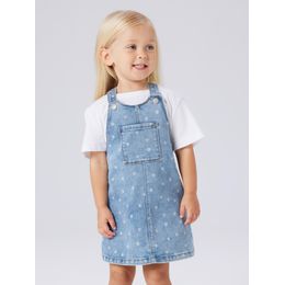 Jeanskleid name it "NMFROSA SHORT DNM BIBSKIRT 3555-ON F", M&auml;dchen, Gr. 104, N-Gr, medium blau denim aop:flower, Denim/Jeans, Obermaterial: 74% Baumwolle, 24% Polyester, 1% Elasthan, 1% Viskose, bedruckt, kurz, Kleider Jeanskleid, Denim Baumwollmischung, zarter Allover Print