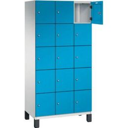 C+P Schlie&szlig;fachschrank Cambio, 3 Abteile, 15 F&auml;cher, auf F&uuml;&szlig;en, B 900 x T 525 x H 1980 mm, lichtgrau/lichtblau