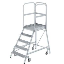 Munk Podesttreppe, 5 Stufen, einseitig begehbar, Rechteckrohr-Holme, Plattform B 600 x T 800 mm, 3-seitiges Gel&auml;nder, max. 150 kg