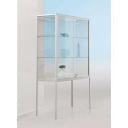 Standvitrine BST, hohe Beine, Brandschutzklasse B1, 3 F&auml;cher, abschlie&szlig;bare Schiebet&uuml;ren, B 1000 x T 500 x H 1950 mm, Aluminium/Glas, silber