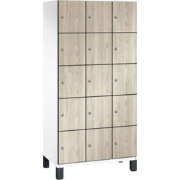 C+P Schlie&szlig;fachschrank Cambio, 3 Abteile, 15 F&auml;cher, auf F&uuml;&szlig;en, B 900 x T 525 x H 1980 mm, verkehrswei&szlig;/Sen Esche-Dekor