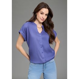 Boysen's Hemdbluse BOYSEN'S, Damen, Gr. 48/50, blau, Web, Obermaterial: 100% Viskose, oversize, V-Ausschnitt, Blusen Hemdbluse, im Oversized-Style mit Ballonsaum