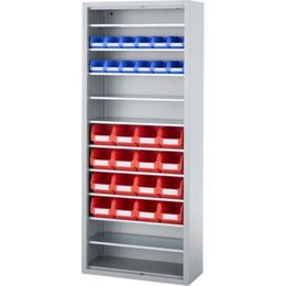 Magazinregal C+P Serie 13, mit 28 Sichtlagerk&auml;sten SSI Sch&auml;fer Serie PROFI LF 211/221, 10 Fachb&ouml;den, abschlie&szlig;bar, B 700 x T 300 x H 1690 mm, Stahl, wei&szlig;aluminium RAL 9006