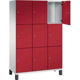 C+P Schlie&szlig;fachschrank Cambio, 3 Abteile, 9 F&auml;cher, auf F&uuml;&szlig;en, B 1200 x T 525 x H 1980 mm, lichtgrau/rubinrot