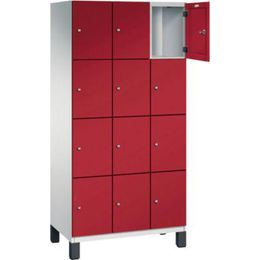 C+P Schlie&szlig;fachschrank Cambio, 3 Abteile, 12 F&auml;cher, auf F&uuml;&szlig;en, B 900 x T 525 x H 1980 mm, lichtgrau/rubinrot