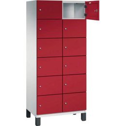 C+P Schlie&szlig;fachschrank Cambio, 2 Abteile, 12 F&auml;cher, auf F&uuml;&szlig;en, B 800 x T 525 x H 1980 mm, lichtgrau/rubinrot