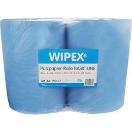 Wipex Basic-Line Putzpapier, 3-lagig, perforiert, hohe Saugf&auml;higkeit, 100 % Zellstoff, blau, 2 Rollen mit jeweils 500 T&uuml;chern