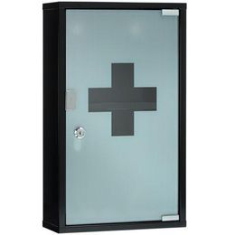 Erste-Hilfe-Schrank FIRST AID ONLY, ohne Inhalt, 2 F&auml;cher, abschlie&szlig;bare Milchglast&uuml;r, Wandmontage, B 300 x T 500 x H 120 mm, Metall und Glas, schwarz