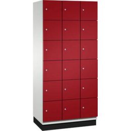 C+P Schlie&szlig;fachschrank Cambio, 3 Abteile, 18 F&auml;cher, mit Sockel, B 900 x T 525 x H 1980 mm, lichtgrau/rubinrot