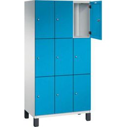 C+P Schlie&szlig;fachschrank Cambio, 3 Abteile, 9 F&auml;cher, auf F&uuml;&szlig;en, B 900 x T 525 x H 1980 mm, lichtgrau/lichtblau