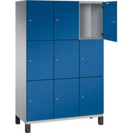 C+P Schlie&szlig;fachschrank Cambio, 3 Abteile, 9 F&auml;cher, auf F&uuml;&szlig;en, B 1200 x T 525 x H 1980 mm, wei&szlig;aluminium/enzianblau