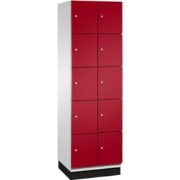 C+P Schlie&szlig;fachschrank Cambio, 2 Abteile, 10 F&auml;cher, mit Sockel, B 600 x T 525 x H 1980 mm, lichtgrau/rubinrot