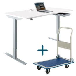 Start Off Schreibtisch 1600&times;800, elektrisch 755&ndash;1255 mm, T-Fu&szlig;, lichtgrau/wei&szlig;alu, gratis Plattformwagen AM80